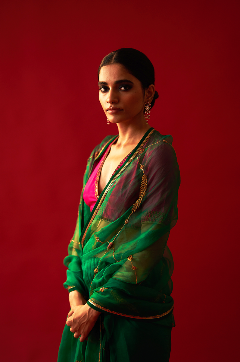 Buy - Parvaaz emerald green sari-2 | Elan Store