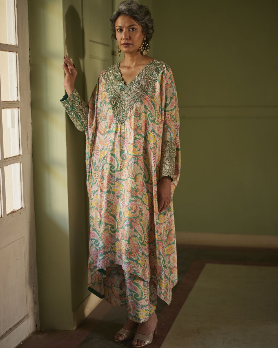 Buy - Rama green print reva cuff kaftan set | Elan Store
