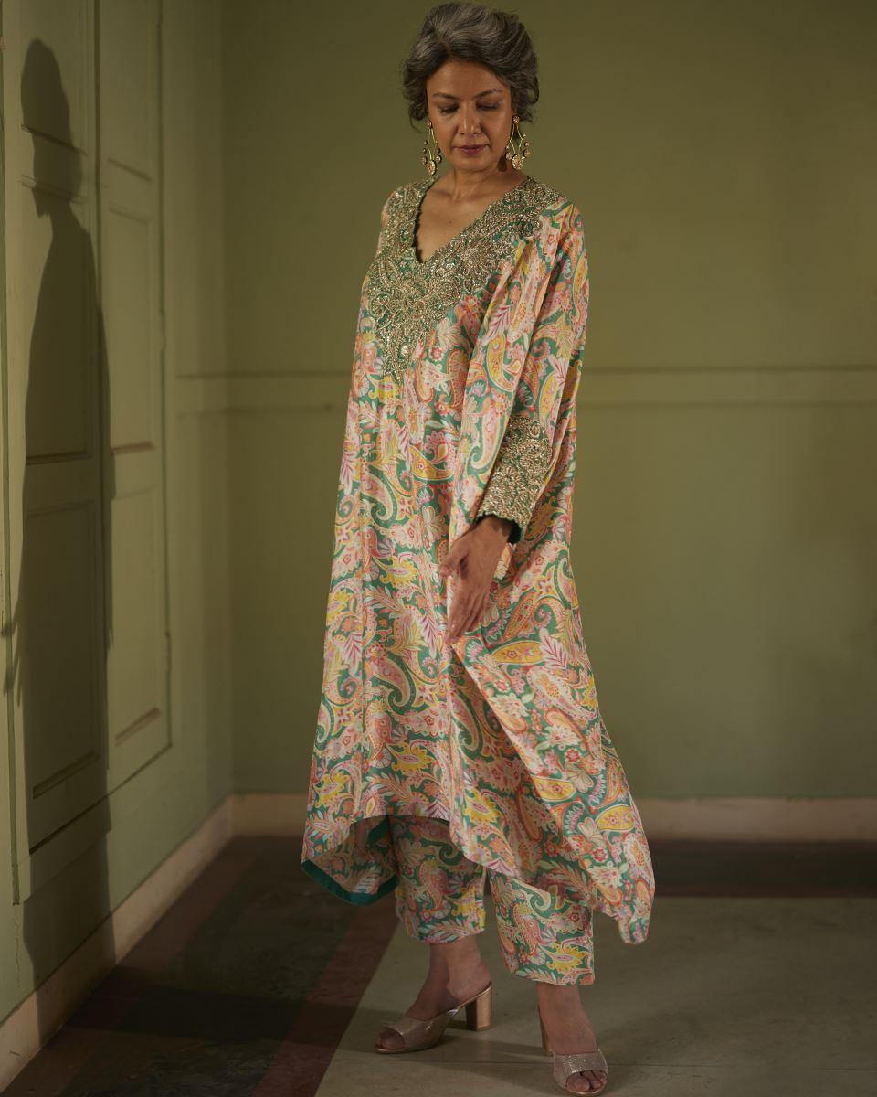 Buy - Rama green print reva cuff kaftan set | Elan Store