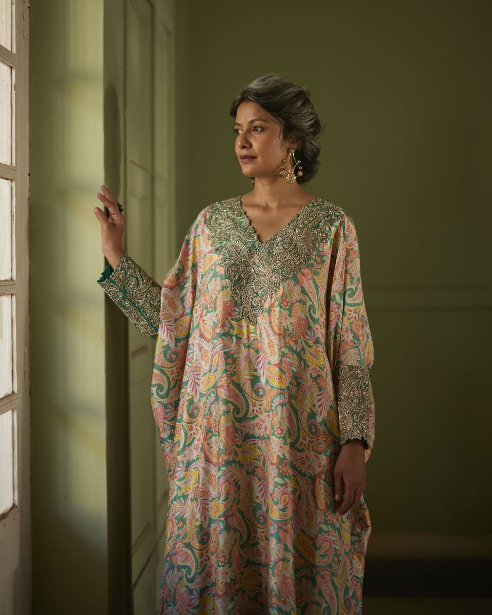 Buy - Rama green print reva cuff kaftan set | Elan Store