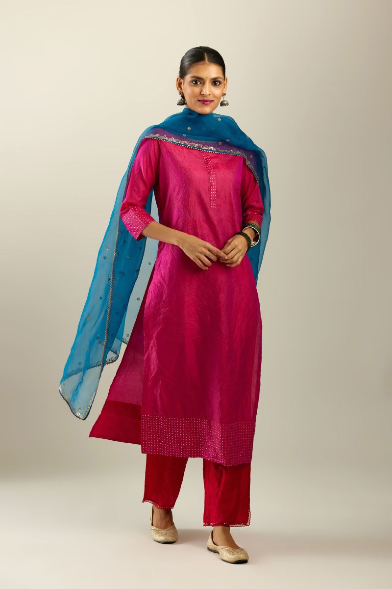 Buy - Raspberry silk hand crushed kurta set | Elan Store