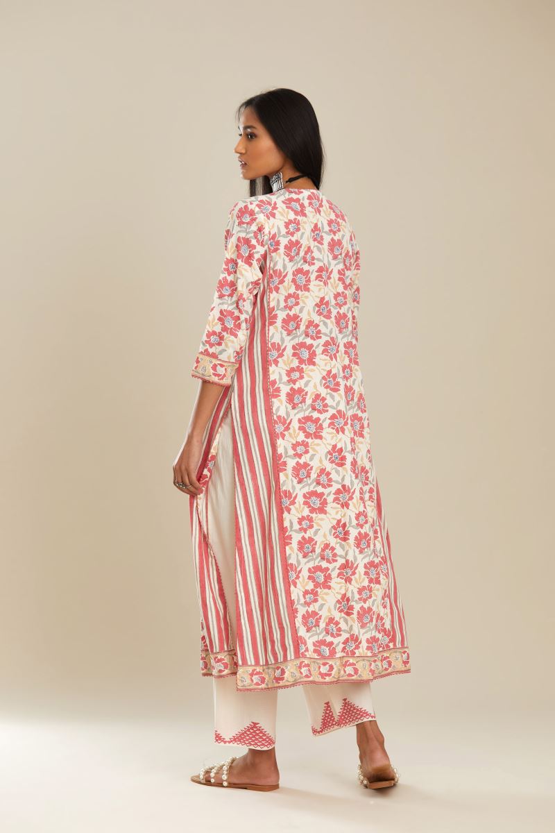 Buy - Red and white straight kurta set with striped side panels | Elan ...