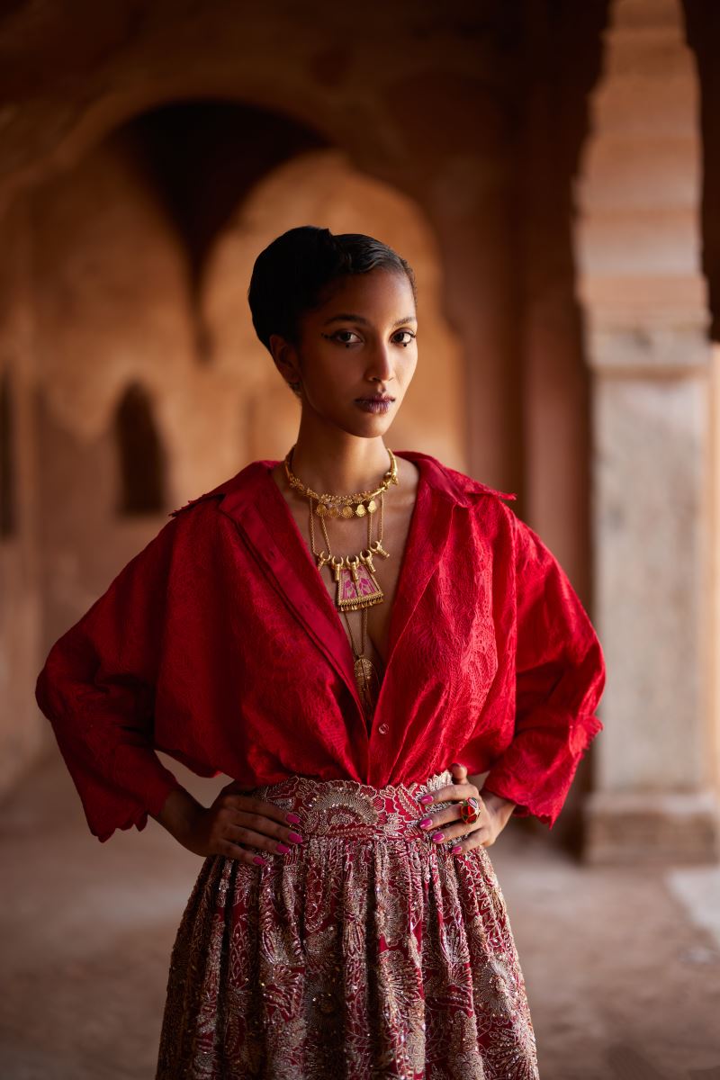 Buy - Red manjari lehenga set | Elan Store