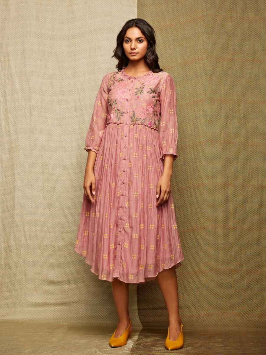 Buy - Rose blush pink embroidered yoke dress | Elan Store