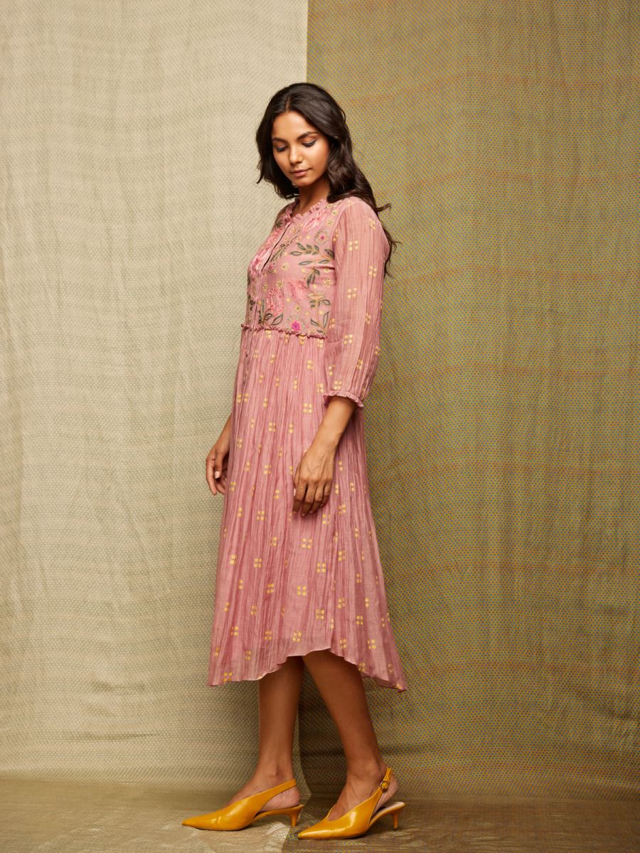Buy - Rose blush pink embroidered yoke dress | Elan Store