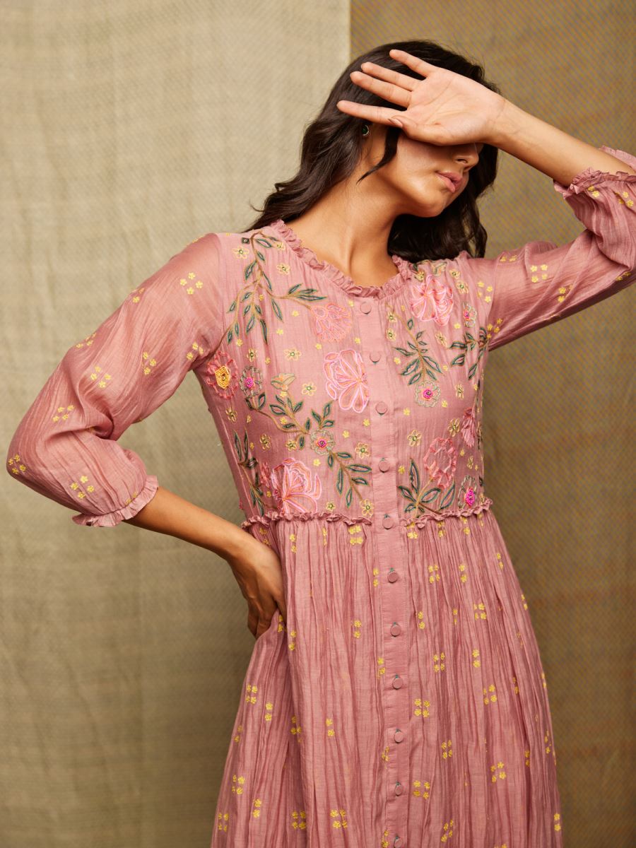 Buy - Rose blush pink embroidered yoke dress | Elan Store