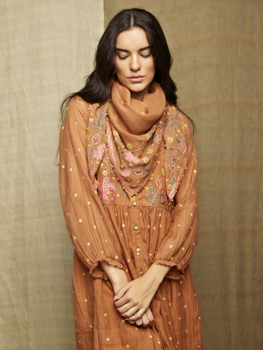 Buy - Rose brown embroidered scarf | Elan Store