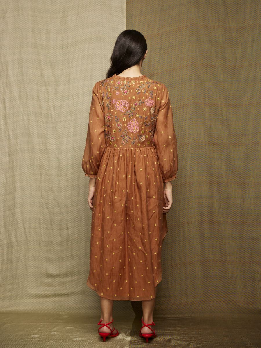 Buy - Rose brown embroidered yoke dress | Elan Store