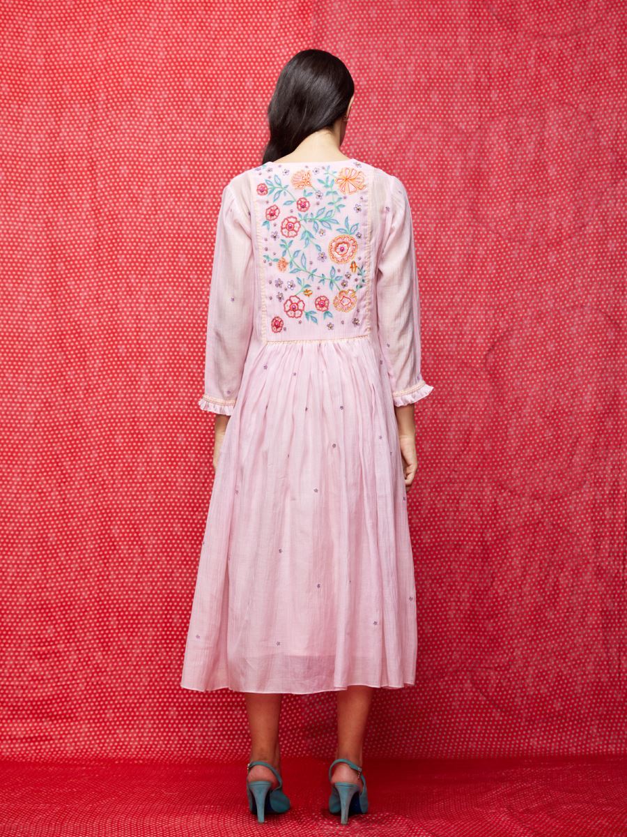 Buy - Rose pink embroidered yoke dress | Elan Store