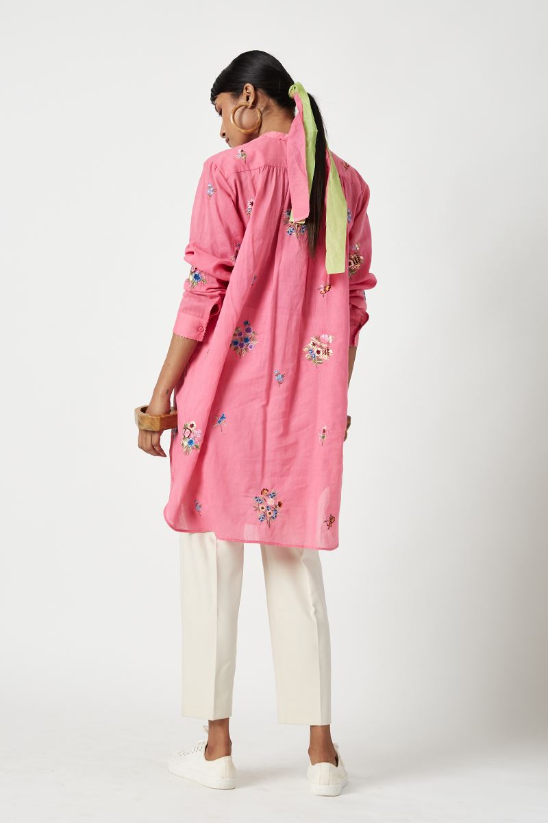 Buy - Rose pink ryon embroidered tunic | Elan Store