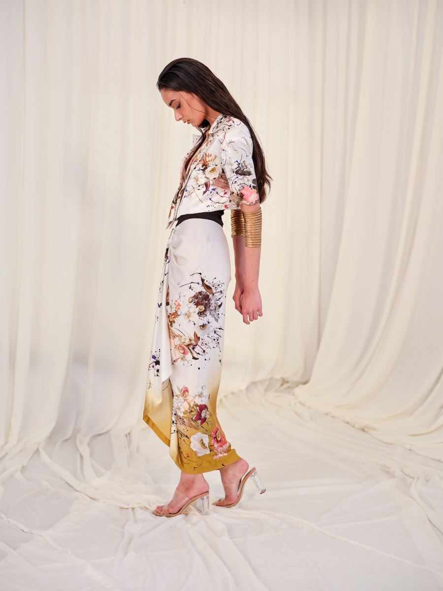 Buy - White assymetric crop jacket with draped skirt | Elan Store