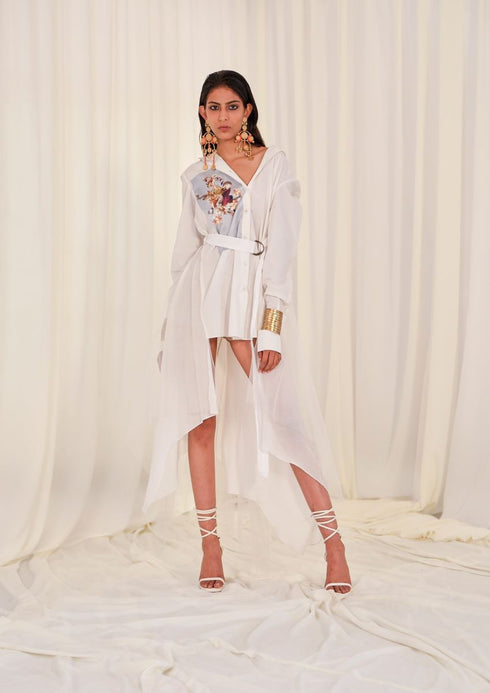 Buy - White cotton shirt with printed panel | Elan Store